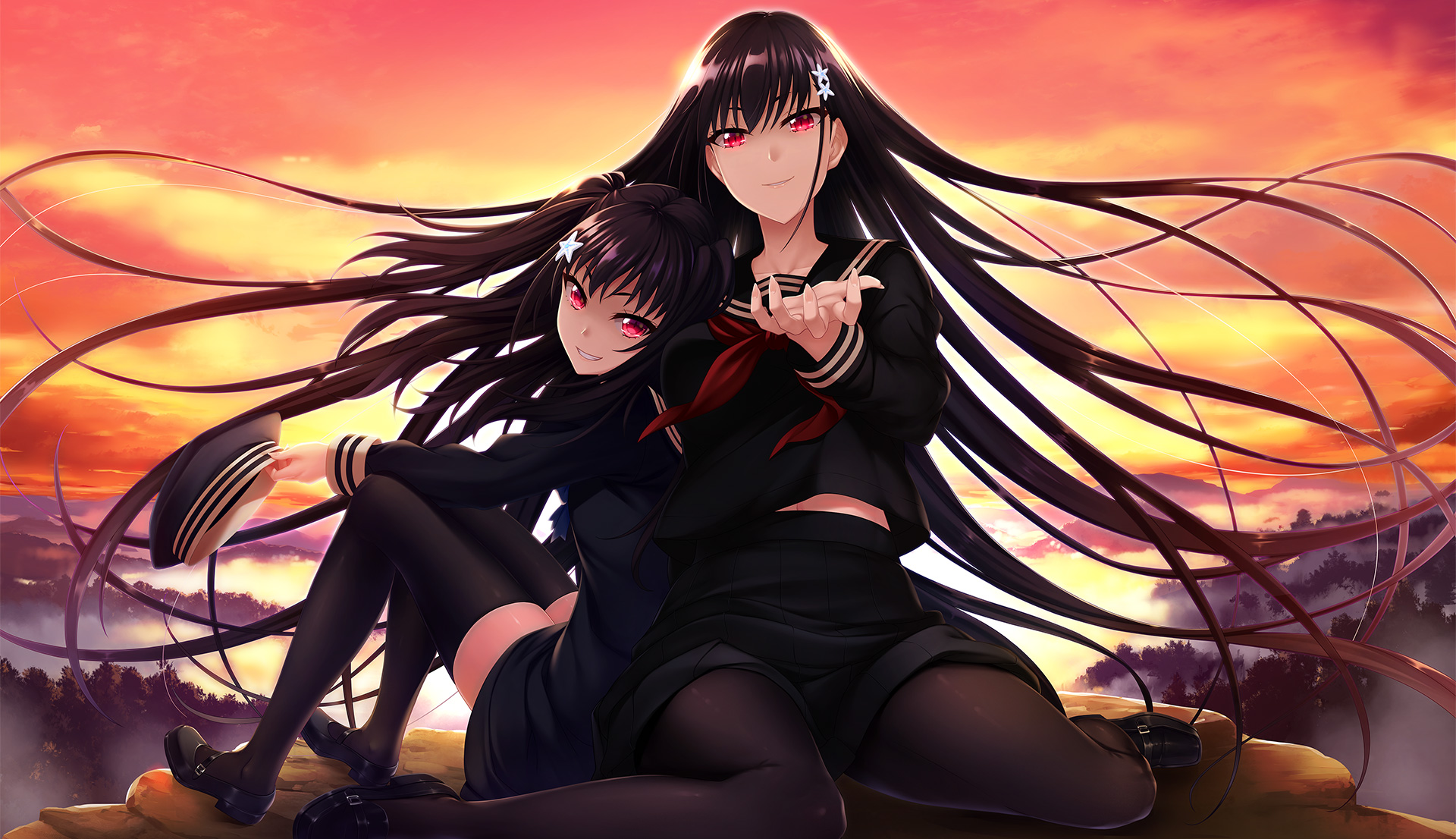 Safebooru - 2girls black footwear black hair black legwear black sailor collar black serafuku ...